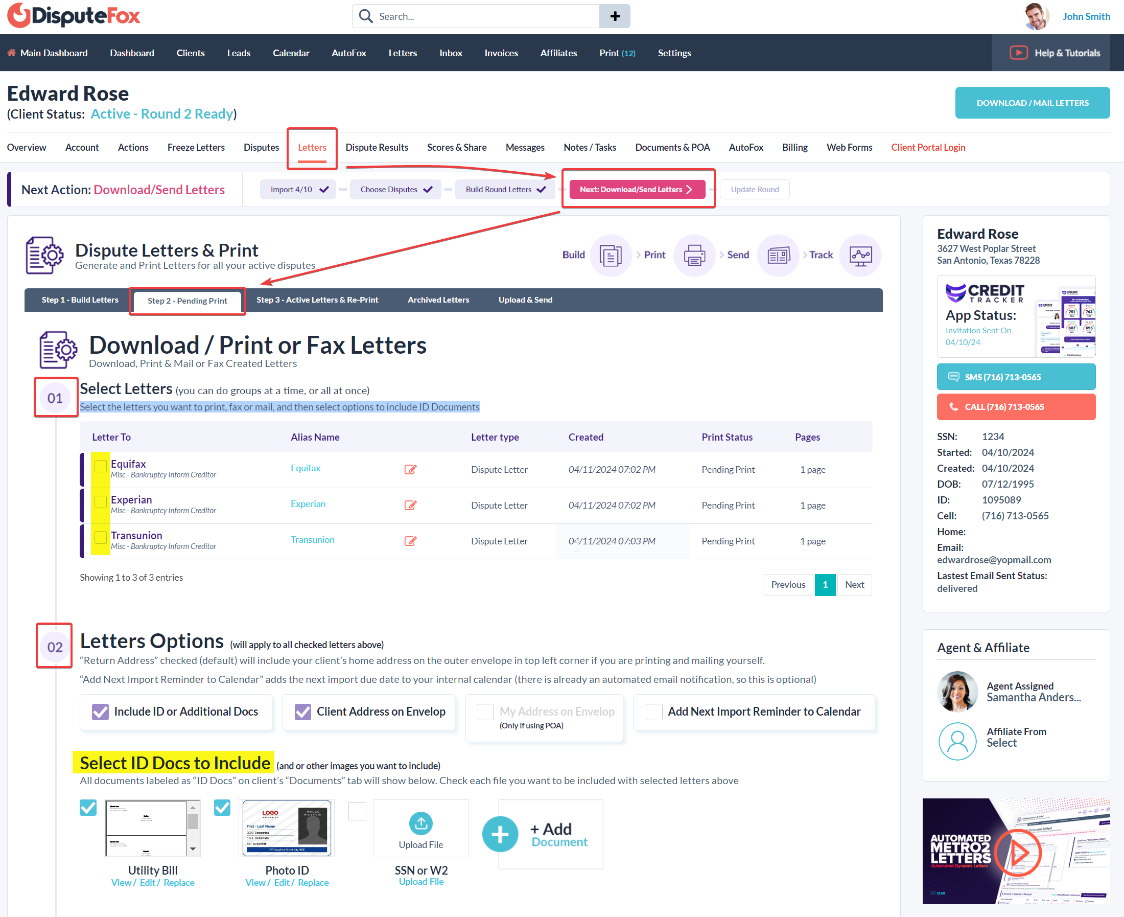How are letters for disputes sent after clicking "Print & Mail ...