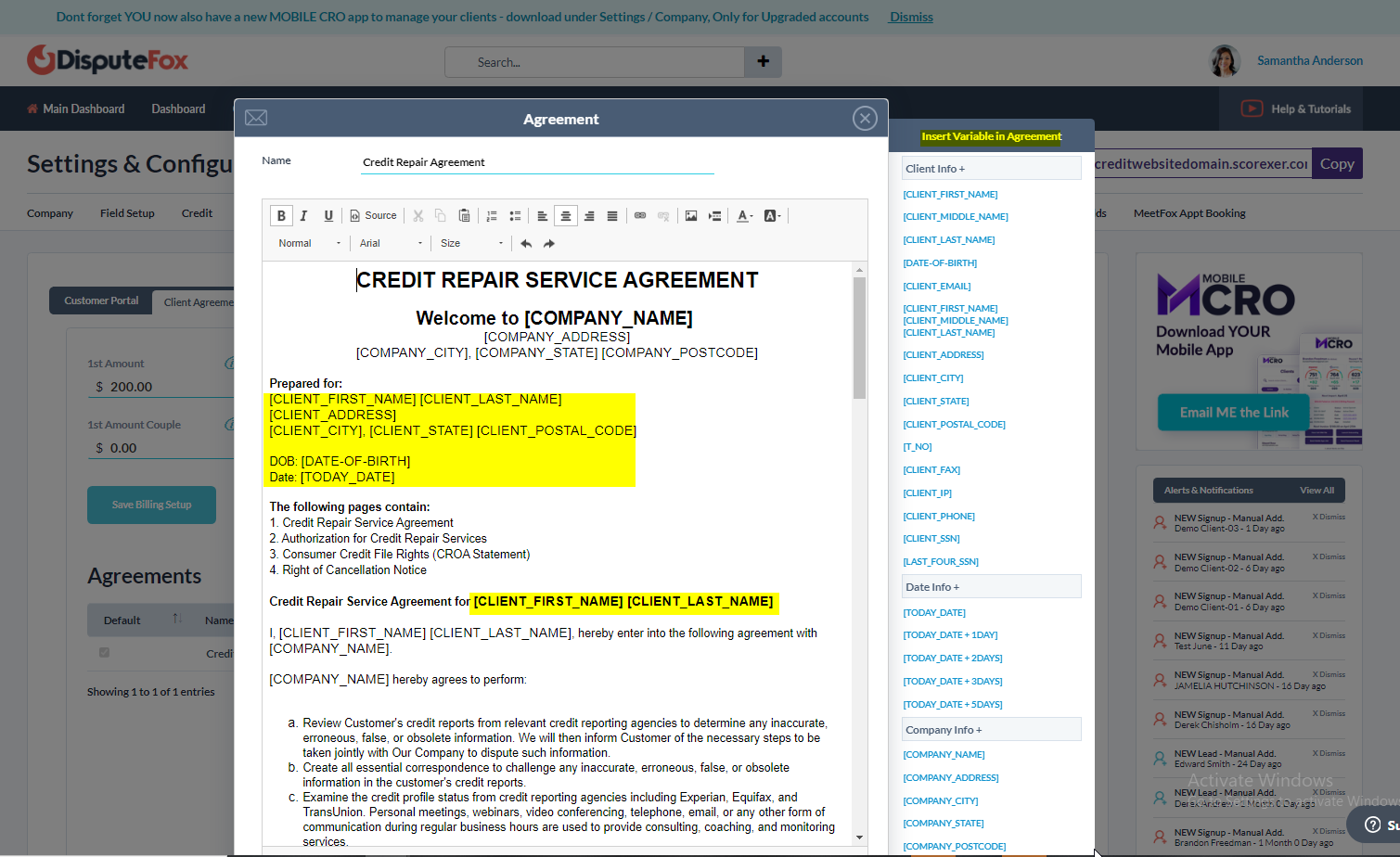 How do I correctly fill in variables like {Client's name} and {Company ...